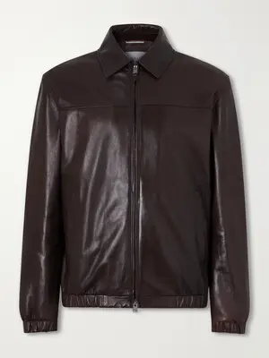 Canali Leather Zip-up Jacket - Brown