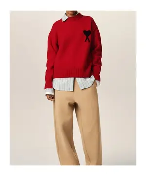 AMI Paris Red Crewneck Wool Sweater With De Coeur Motif - Ruby Red/black