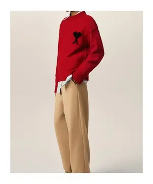 AMI Paris Red Crewneck Wool Sweater With De Coeur Motif - Ruby Red/black