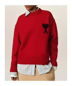AMI Paris Red Crewneck Wool Sweater With De Coeur Motif - Ruby Red/black