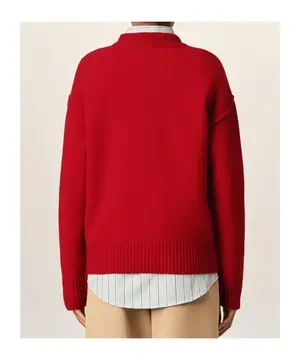 AMI Paris Red Crewneck Wool Sweater With De Coeur Motif - Ruby Red/black