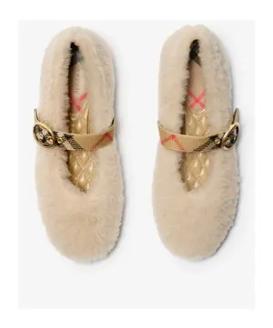 Burberry Shearling Ballerinas With Check Detail - Natural