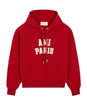 AMI Paris Red Cotton Hoodie With Embroidery - Ruby Red/ivory White