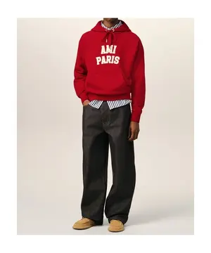 AMI Paris Red Cotton Hoodie With Embroidery
