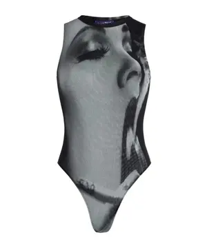 JEAN PAUL GAULTIER Printed Mesh Mock Neck Bodysuit - Gray