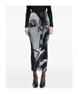 JEAN PAUL GAULTIER Long Smoking Portrait Print Stretch Mesh Skirt