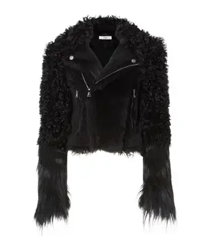 Fendi Blouson Patchwork Shearling Biker Jacket - Black