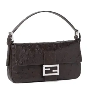Fendi Baguette Ostrich Leather Bag - Dark Brown