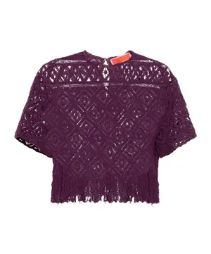 La DoubleJ Lacey La Scala Cropped Fringed Lace Top - Red