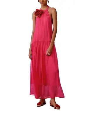 Farm Rio Halterneck Floral Detail Maxi Dress - Pink