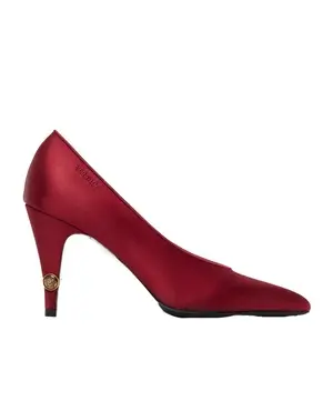 Versace Satin Pointed-toe Slip-on Pumps With Medusa Accent - Red