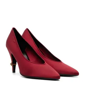 Versace Satin Pointed-toe Slip-on Pumps With Medusa Accent - Red