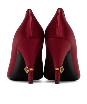 Versace Satin Pointed-toe Slip-on Pumps With Medusa Accent - Red
