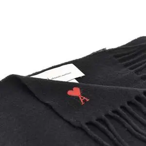 AMI Paris De Coeur Embroidery Wool Scarf - Black