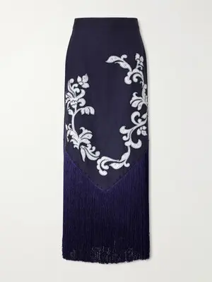 ALEMAIS ALÉMAIS Dillon Embellished Fringed Midi Skirt Blue