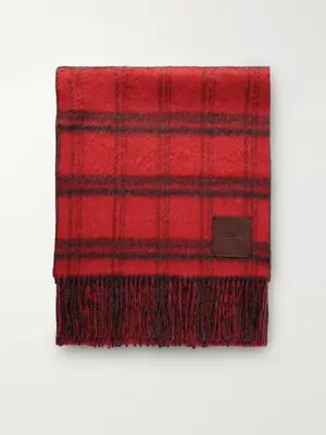 Chloé Logo-debossed Fringed Checked Leather-trimmed Alpaca And Wool-blend Scarf