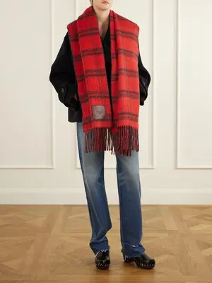 Chloé Logo-debossed Fringed Checked Leather-trimmed Alpaca And Wool-blend Scarf