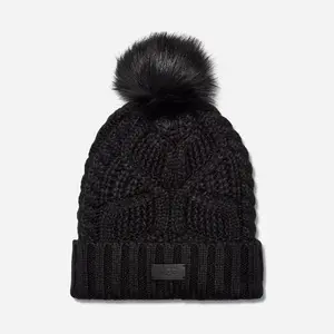 UGG UGG Cable Knit Beanie With Faux Fur Pom Black