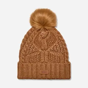 UGG UGG Cable Knit Beanie With Faux Fur Pom Chestnut
