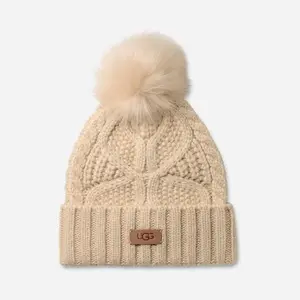 UGG UGG Cable Knit Beanie With Faux Fur Pom Cream