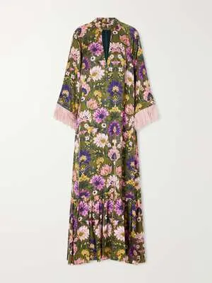 Borgo De Nor Avalon Feather-trimmed Printed Satin Maxi Dress