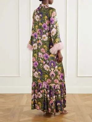 Borgo De Nor Avalon Feather-trimmed Printed Satin Maxi Dress