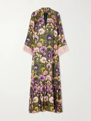 Borgo De Nor Avalon Feather-trimmed Printed Satin Maxi Dress - Multi