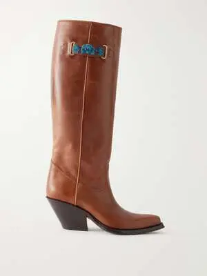 Chloé Azelan Embroidered Leather Knee Boots - Tan