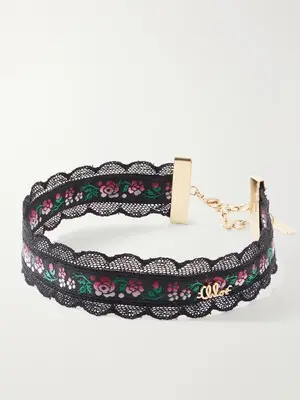 Chloé Ribbon Lace-trimmed Floral-jacquard Gold-tone Choker - Black