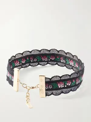 Chloé Ribbon Lace-trimmed Floral-jacquard Gold-tone Choker - Black