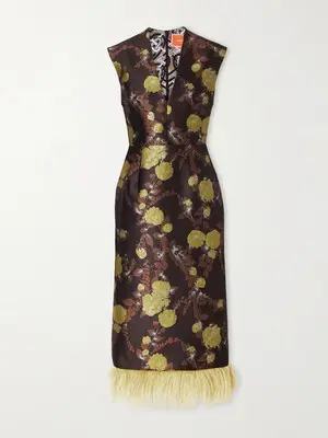 La DoubleJ Feather-trimmed Jacquard Midi Dress