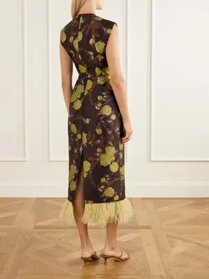 La DoubleJ Feather-trimmed Jacquard Midi Dress