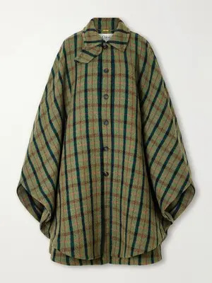 Chloé Checked Wool And Cotton-blend Cape - Green