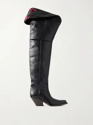 Chloé Azelan Embroidered Leather Knee Boots - Black