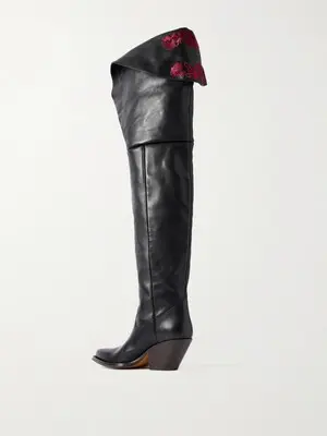 Chloé Azelan Embroidered Leather Knee Boots - Black
