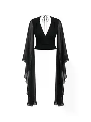 GEMY MAALOUF V-neck Draped-sleeve Top - Black