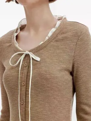 TOUT A COUP Ruffle-trim Ribbed-knit Cardigan