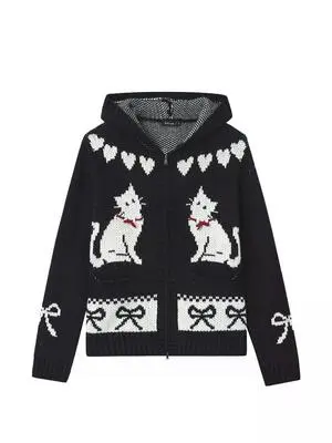 TOUT A COUP Intarsia-knit Cat-motif Hoodie - Black