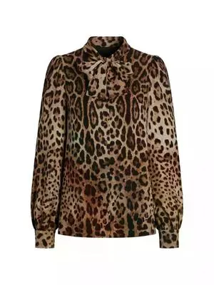 Dolce & Gabbana Leo-print Silk Charmeuse Shirt With Self-tie Ribbon Collar