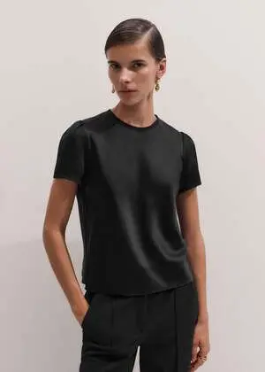 ME+EM Silk Satin Puff Sleeve Top - Black