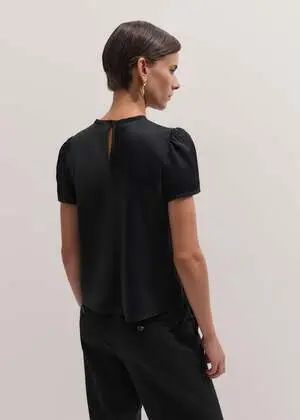 ME+EM Silk Satin Puff Sleeve Top - Black