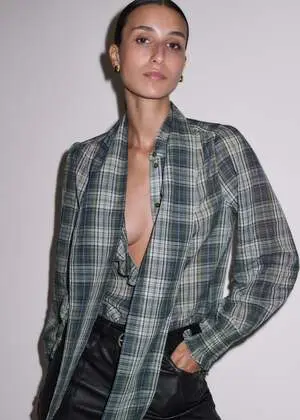 ME+EM Cotton Voile Check Long Sleeve Blouse + Tie