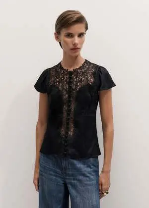 ME+EM Silk Satin And Lace Top - Black