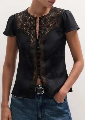 ME+EM Silk Satin And Lace Top - Black
