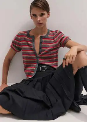 ME+EM Striped Cashmere Puff Sleeve Button-through Tee