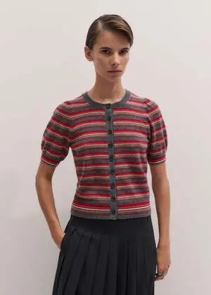 ME+EM Striped Cashmere Puff Sleeve Button-through Tee