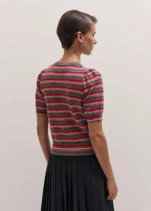 ME+EM Striped Cashmere Puff Sleeve Button-through Tee