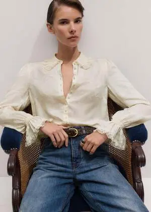 ME+EM Fluid Jacquard And Lace Trim Blouse With Tie Detail