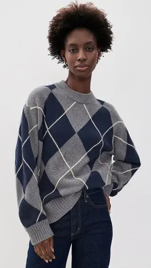 REFORMATION Cove Cashmere Oversized Crew Sweater - Thunder Multi Argyle