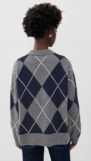 REFORMATION Cove Cashmere Argyle Crewneck Sweater - Thunder Multi Argyle